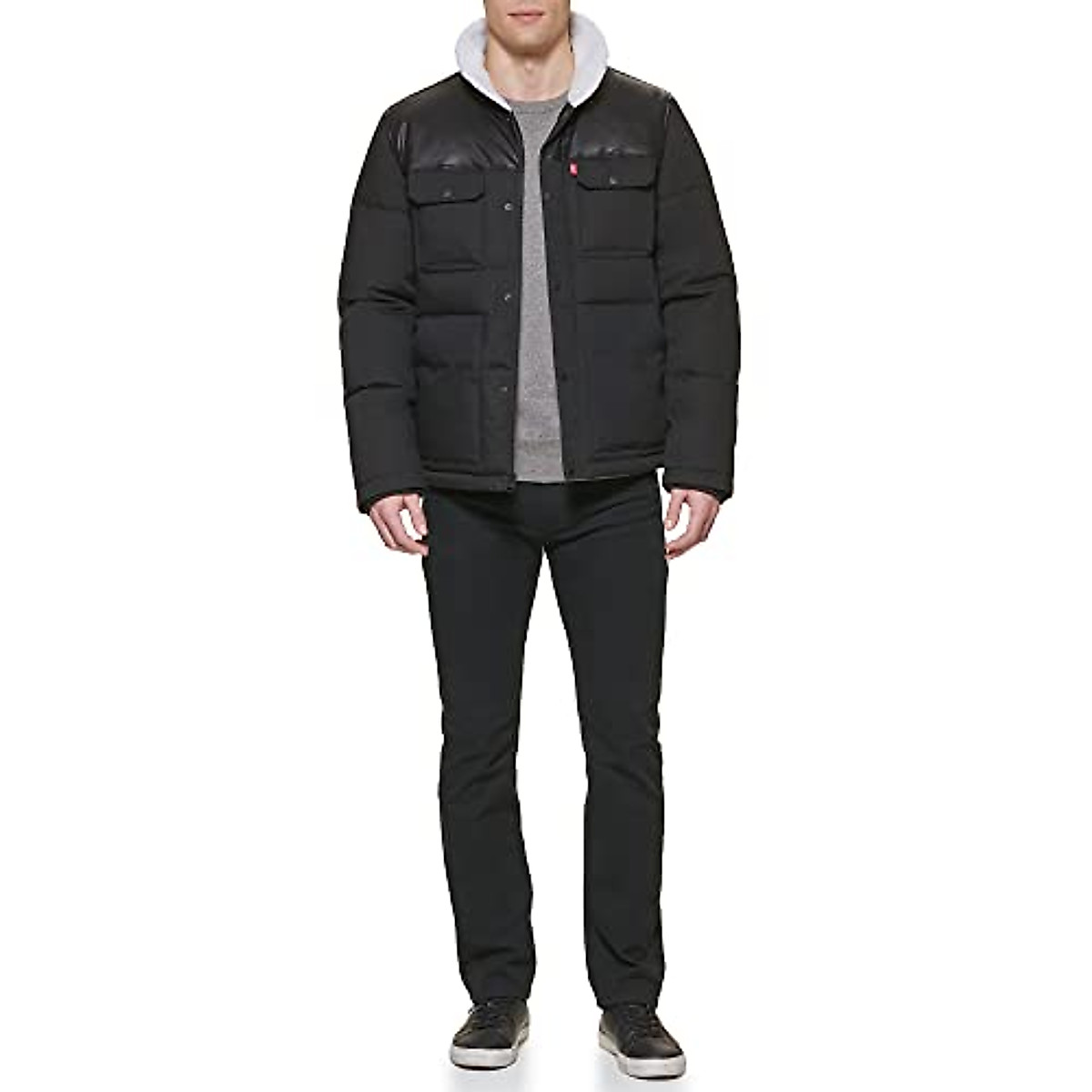 Levi's Men's Mixed Media Quilted Puffer Jacket with Sherpa Lined Collar (Regular and Big & Tall Sizes), Black/Faux Leather, X-Large