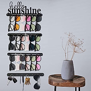 Dancenser Decorative Sunglass Organizer Wall Mounted, Metal Sunglasses Holder for Multiple Glasses, Sunglass Storage, Hello Sunshine Modern Eyeglasses Display, Key Holder for Wall with 6 Hooks, Black