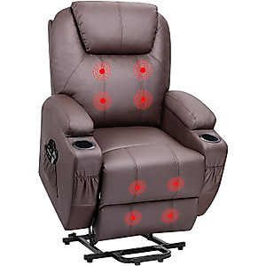 Flamaker Power Lift Recliner Chair PU Leather for Elderly with Massage Ergonomic Lounge Chair Classic Single Sofa with 2 Cup Holders Side Pockets Home Theater Seat (Brown)