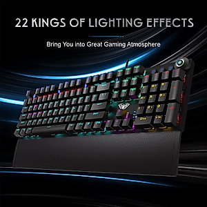 AULA Mechanical Gaming Keyboard Blue Switches,Rainbow LED Backlit,Ergonomic Wrist Rest,Aluminum Base,Full Size 108 Keys Anti-Ghosting,Macro Programmable Computer Keyboard Wired for PC Laptop