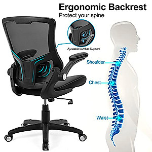 Office Chair Ergonomic Desk Chair - Adjustable Height PU Leather Home Office Desk Chairs, Swivel Mesh Midback Computer Chair with Lumbar Support and Flip-up Armrests Executive Office Task Chair, Black