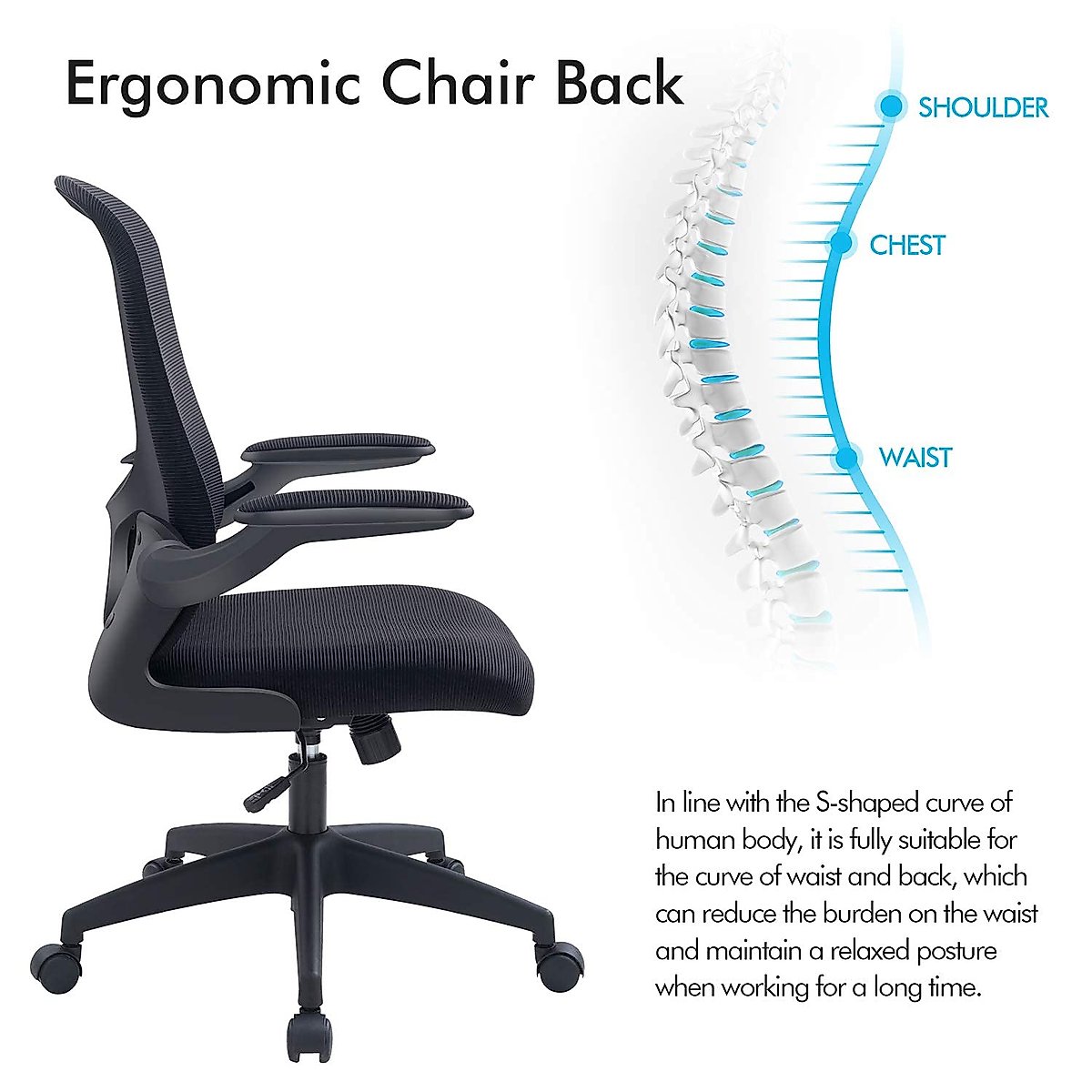 FelixKing Office Chair, Ergonomic Desk Chair with Adjustable Height, Swivel Computer Mesh Chair with Lumbar Support and Flip-up Arms, Backrest with Breathable Mesh (Black)