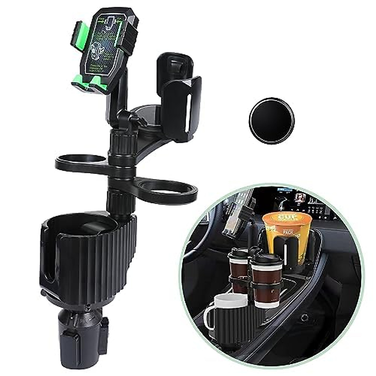 Cup Holder Expander for Car,5-in-1 Car Cup Holder Expander with Detachable Car Phone Holder,Dual Cup Holder&Adjustable Base Essential Car Accessories for Travel, for Water Glass,Fried Chicken Bucket.
