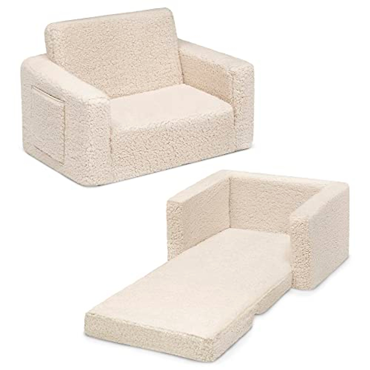 Delta Children Cozee Flip-Out Sherpa 2-in-1 Convertible Chair to Lounger for Kids, Cream