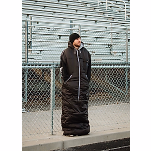 Thermotuff Wearable Sleeping Bag with Dual Hoodie, Zippered Arm Holes, Pockets & Adjustable Drawstring - Ideal for Camping, Cold Weather Hiking, and Stadium Sak Blanket (Black)