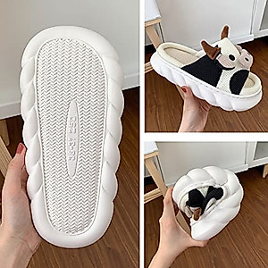 Cute Cow Slippers, Kawaii Fuzzy Milky Cow Slides, Winter Warm Milk Cow House Slippers, Indoor Cozy Cartoon Animal Slipper House Shoes for Women Men (Linen Cow ,9 Women/7.5 Men)