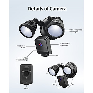 2500 Lumens Floodlight Camera Outdoor, Security Cam with Motion-Activated Light, Motion Detection and Siren Alarm, Waterproof (Black)