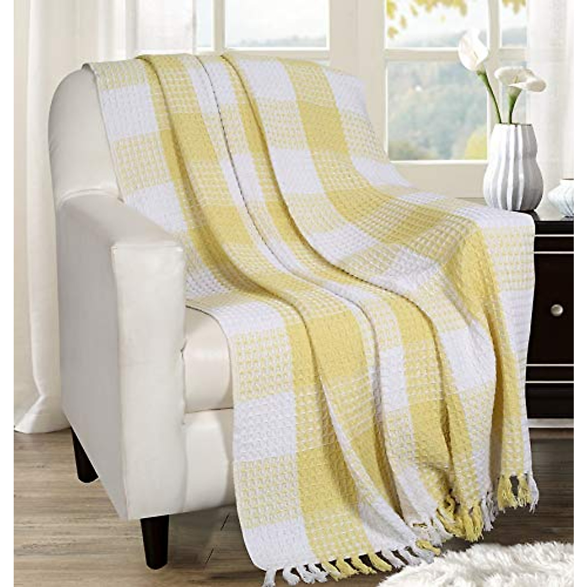 Buffalo Plaid Cotton Throw Blanket With Fringes 50x60 Inch- Lime Yellow,Cotton Throw For Sofa, Farmhouse Throw,Throw For Couch,Everyday Use,Well Crafted For Durabilty,All Season Blanket