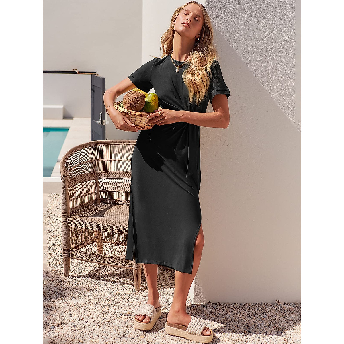 ANRABESS Women's 2025 Summer Maxi Tshirt Dress Short Sleeve Crewneck Tie Waist Casual Slim Fit Slit Spring Long Beach Dresses Black Medium