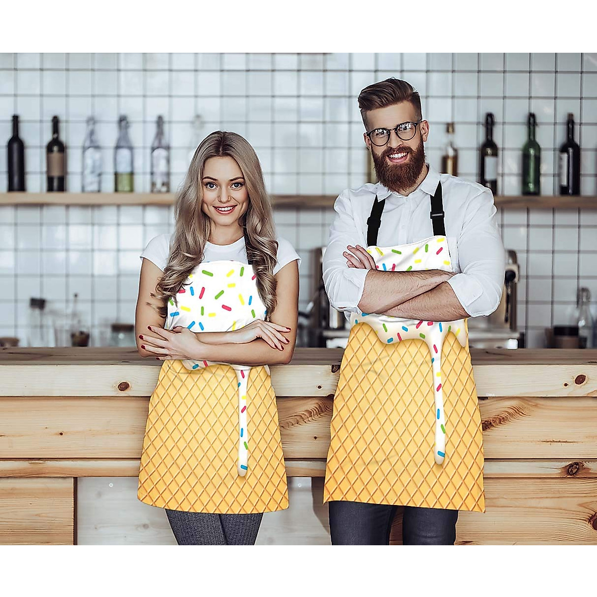 WONDERTIFY Ice Cream Apron,Cartoon Ice Cream Cone with Dripping White Glaze and Wafer Texture Bib Apron with Adjustable Neck for Men Women,Suitable for Home Kitchen Cooking Waitress Chef Grill Apron