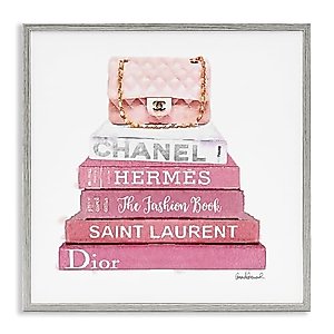 Stupell Industries Pink Book Stack Fashion Handbag, Design by Amanda Greenwood Gray Framed Wall Art, 12 x 12