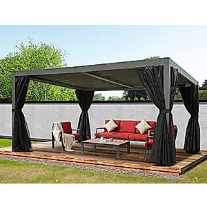 Domi Louvered Pergola 12' × 16', Outdoor Aluminium Pergola with Adjustable Roof, Curtains and Netting, Hardtop Gazebo for Patio, Deck, Garden, Yard, Beach(Gray)