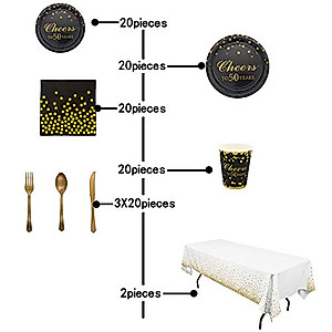 Pandecor 50th Birthday Party Supplies -Serves 20-142 PCS Disposable Tableware Set,Includes Table Cover,Dinner Plates,Dessert Plates,Cups,Napkins,Forks,Knives and Spoons for 50 Years Anniversary Party