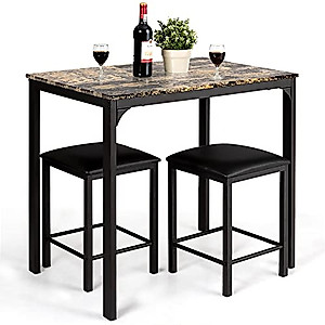 Giantex 3 Pcs Dining Table and Chairs Set with Faux Marble Tabletop 2 Chairs Contemporary Dining Table Set for Home or Hotel Dining Room, Kitchen or Bar (Beige & Black)