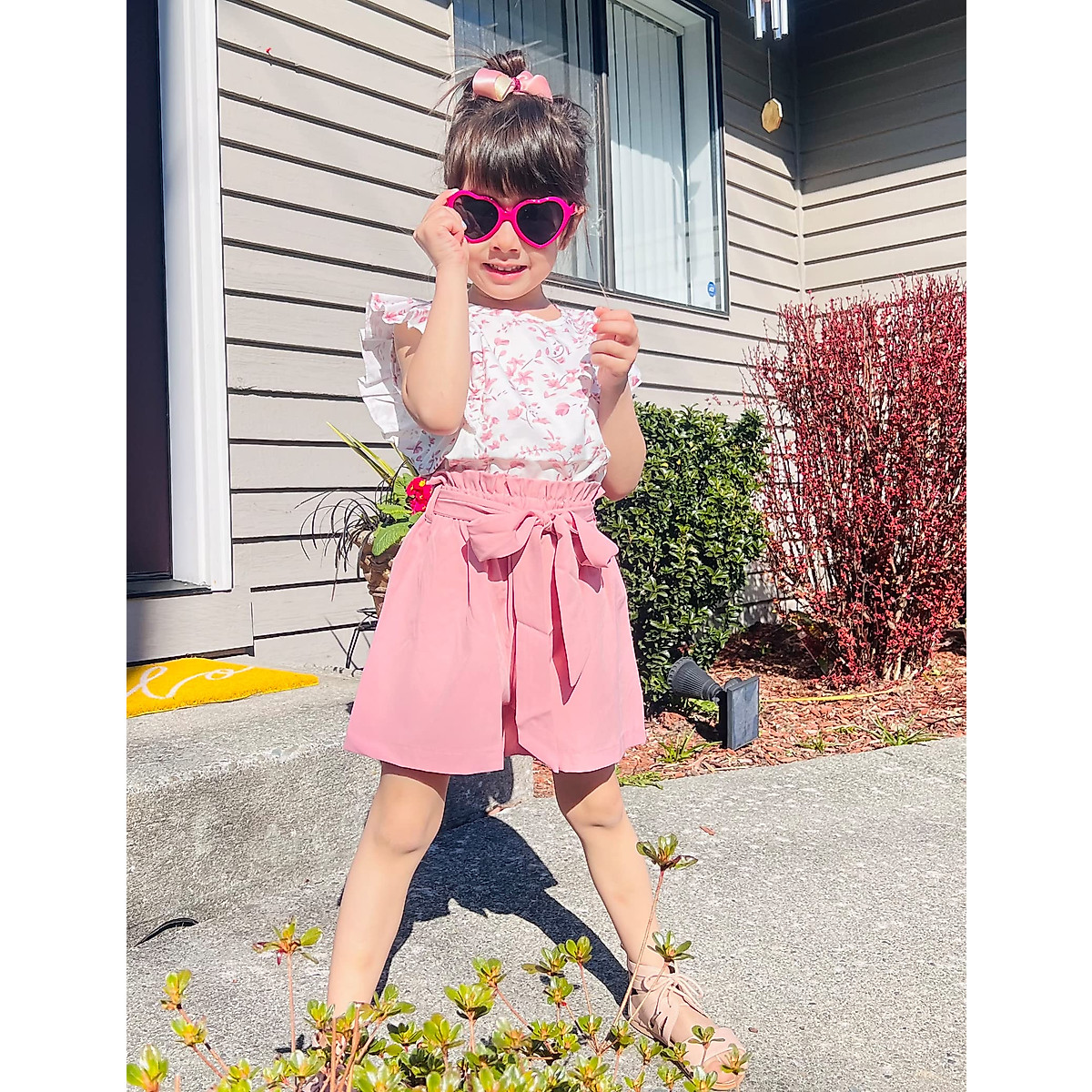 oklady Toddler Girl Clothes Ruffle Floral Embroidery Shirt and Shorts Set (Pink-A, 3-4 T)