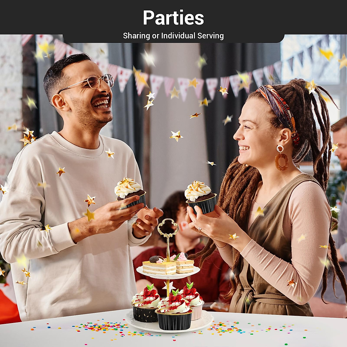 EUSOAR Mini Cheesecake Containers, 30pcs 5oz Disposable Aluminum Foil Cupcake Liners Ramekins Baking Cups, Dessert Cups with Lids Mini Aluminum Cheesecake Pan Creme Brulee Ramekins- Black&Gold