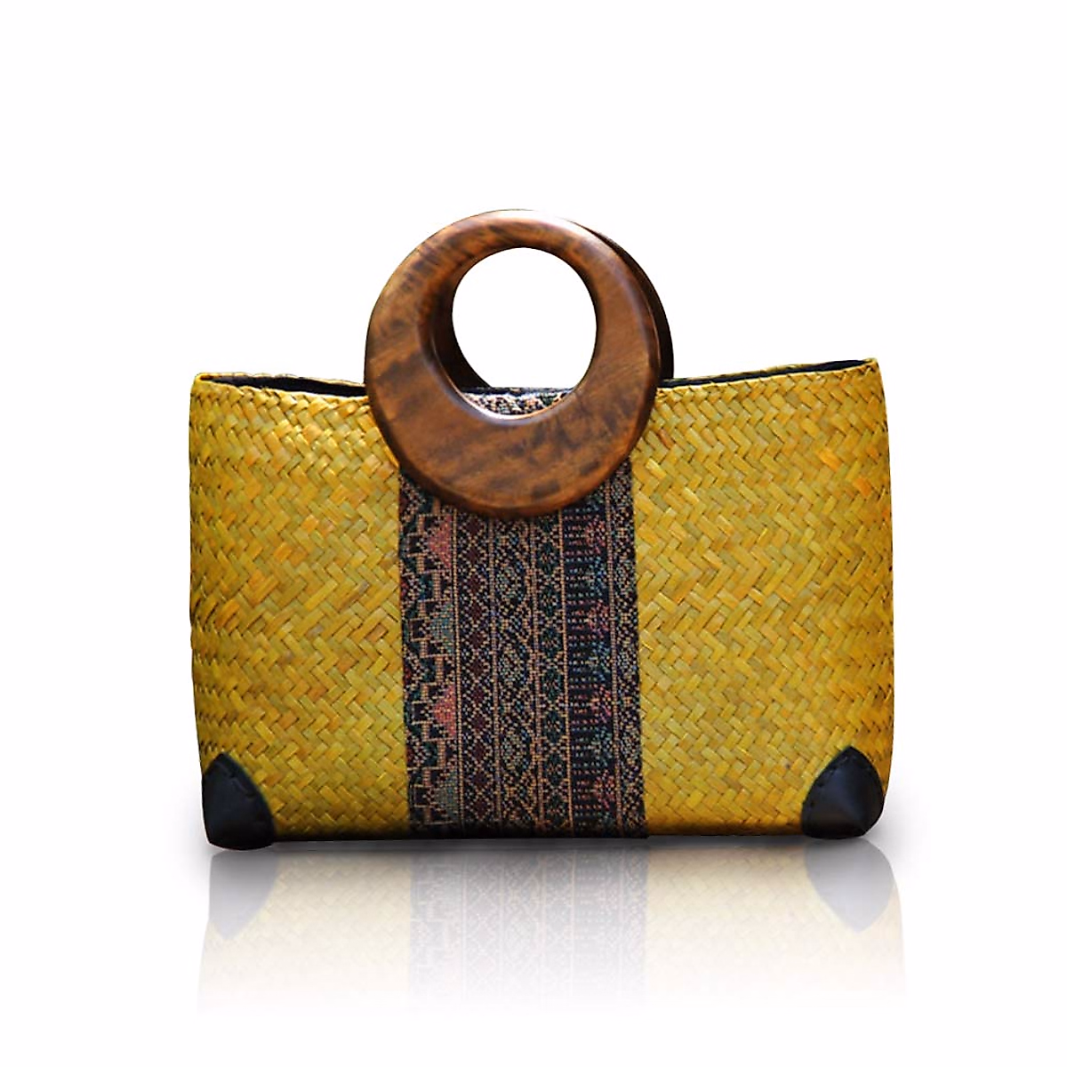 QTKJ Women Summer Retro Straw Bag with Printing Pattern Hand-woven Beach Handbag Top Round Handle Boho Tote Bag Shopping Travel Large Bag (Yellow 2)