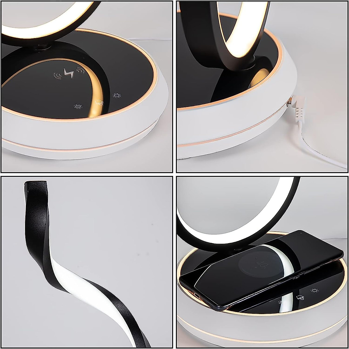 EIDEARAY Bedside Table LED Night Light with Wireless Charger and Bluetooth Speaker, Touch Control Stepless Dimmable Spiral Table Lamps for Bedroom,Great Birthday for Girlfriend, Women, Mom, Men