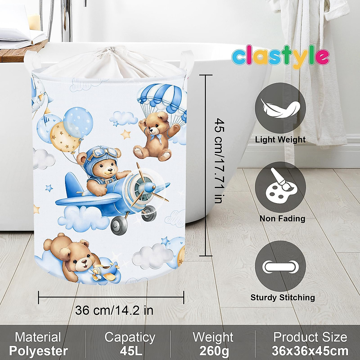 Clastyle 45L Large Blue Bear Pilot Kid Boy Girl Laundry Hamper with Handle Collapsible Balloon Clothes Toy Storage Basket with Lid for Nursery