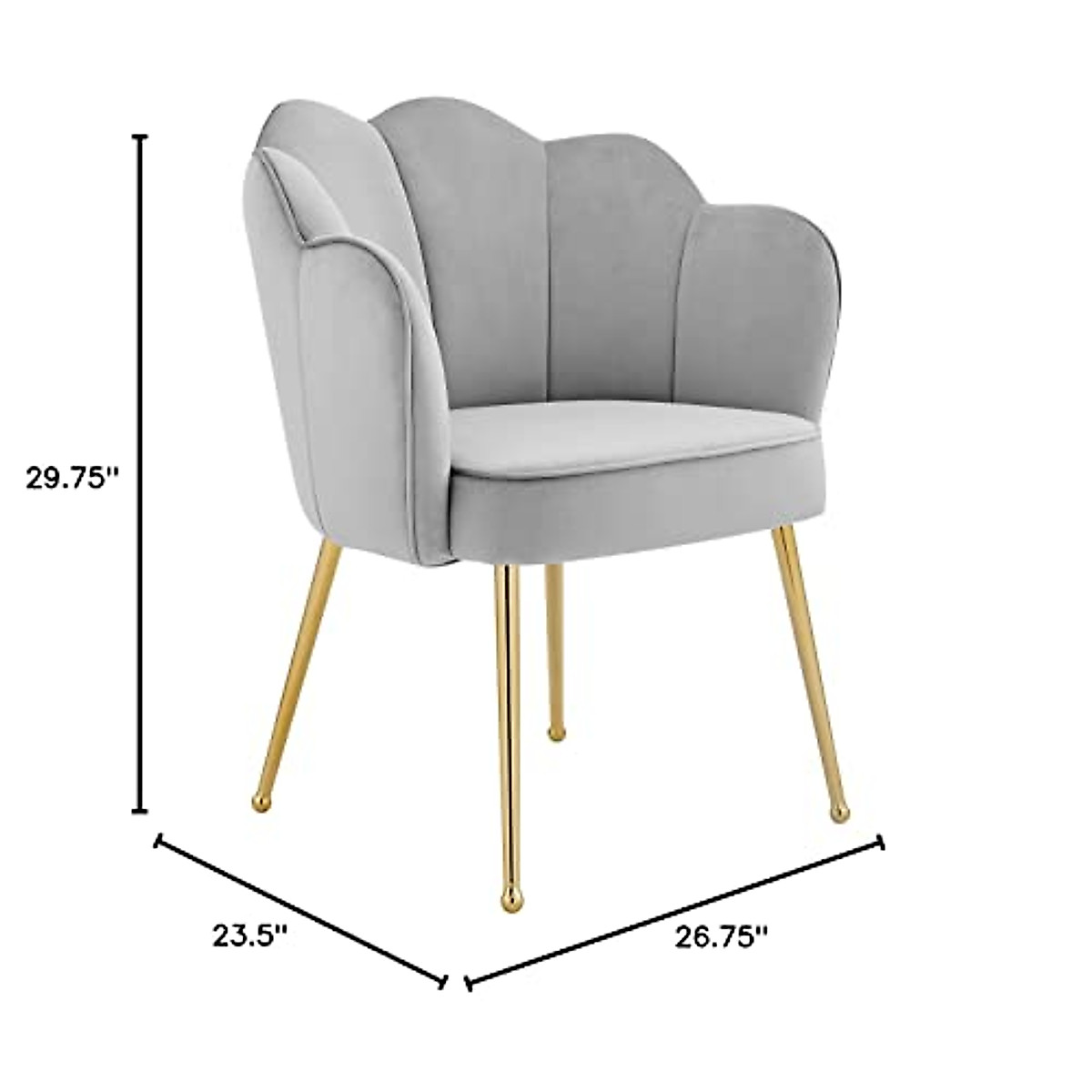 Iconic Home Mia Rose Dining Side Chair Velvet Upholstery Scalloped Clamshell Back Gold Plated Solid Metal Legs (1 Piece) Modern Transitional, Silver