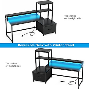 GreenForest Office Desk with Power Outlets and Printer Shelf, 59 inch Computer Desk with LED and Drawer, Reversible Gaming Desk with Storage for Home Study Working,Black