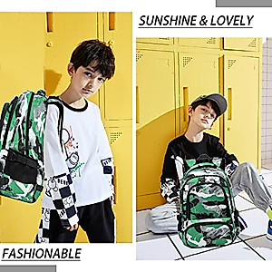Boys School Backpack for Kids Elementary Middle School Bags for Teens Childs Camouflage Primary Book Bags Lightweight Durable Gifts Fourth Fifth Sixth Grade 17 Inch Ages 4.5.6.7.8.9.10 (Green)