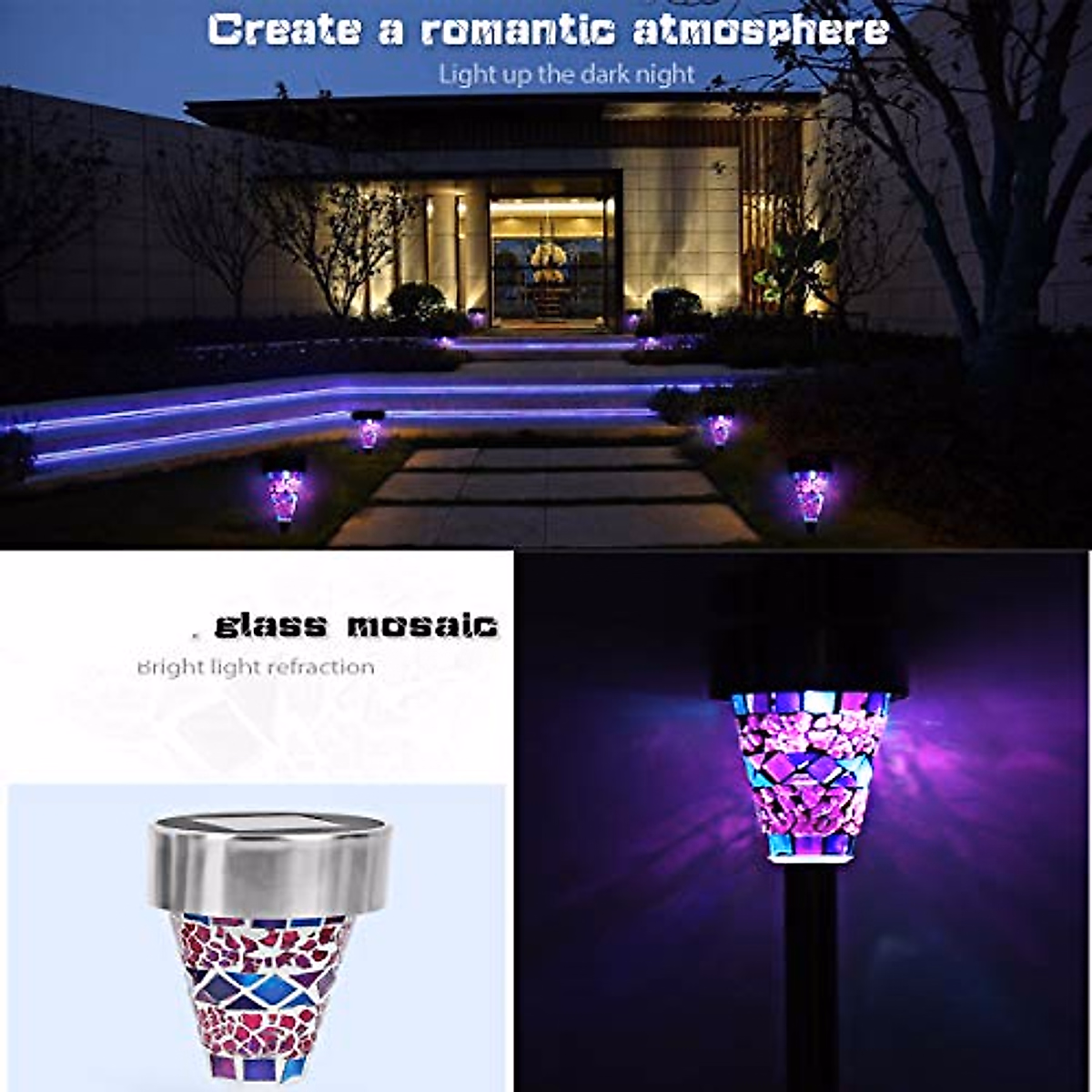 WONFAST 6-Pack Solar Mosaic Border Lawn Garden Lights, LED Mosaic Stake Lights Pathway Landscape Lighting for Patio Walkway Driveway Outdoor Christmas Garden Home Decoration (Purple)