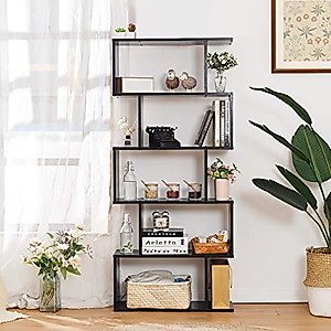 TinyTimes 5-Tier Wooden Bookcase, S-Shape Display Shelf and Room Divider, Freestanding Decorative Storage Shelving, 63'' Tall Bookshelf -Black