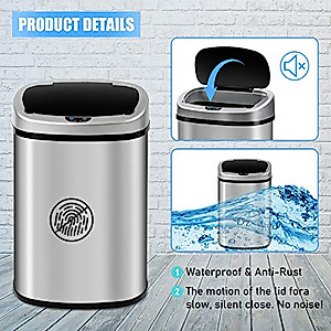 Kitchen Trash Can Garbage Can Waste Bin 13 Gallon Trash Can Stainless Steel with Lid Touch Free Automatic Sensor Garbage Bins 50 Liter Large Capacity Garbage Can for Home Bathroom Office Bedroom