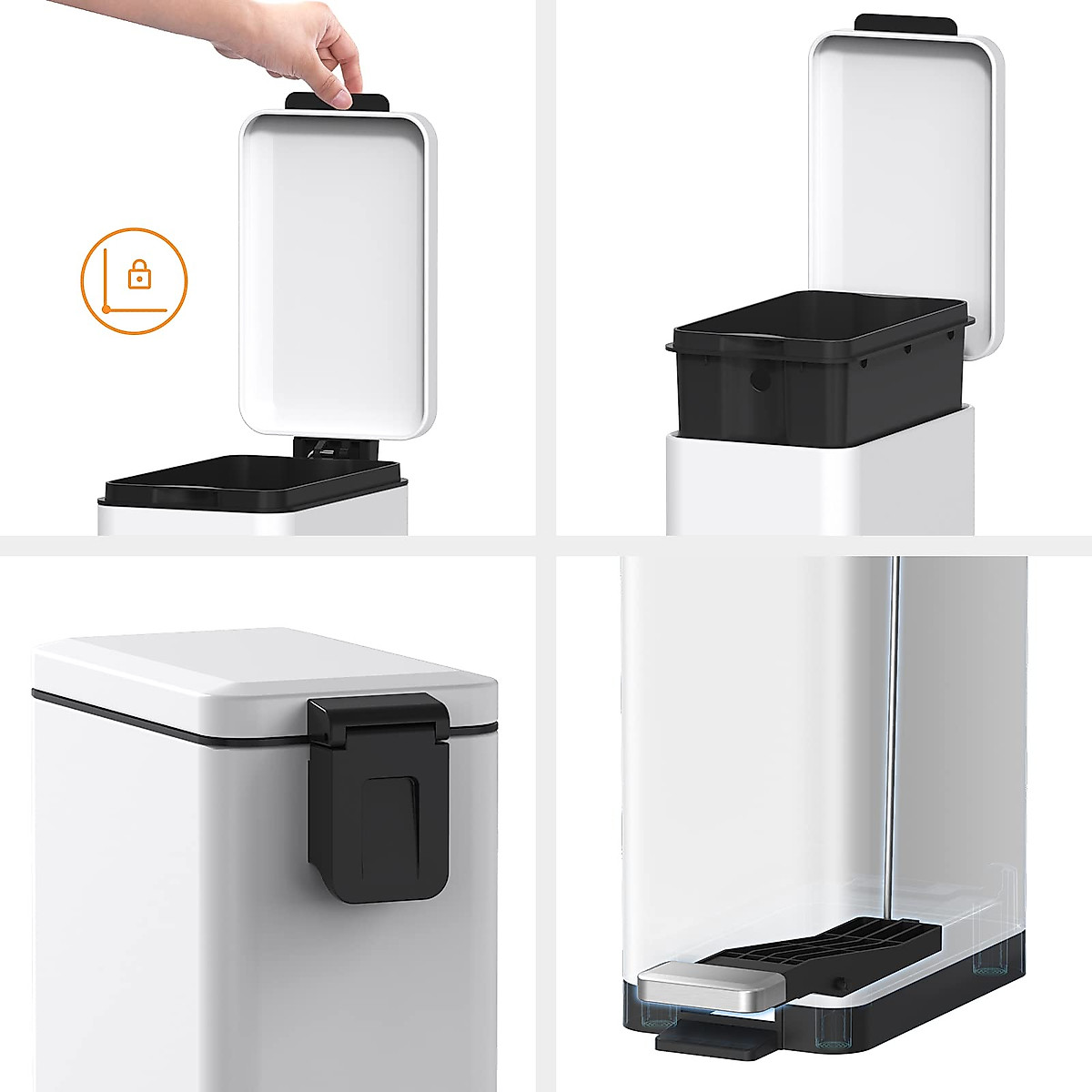 Mbillion Bathroom Trash Can with Lid Slim Stainless Steel Small Bathroom Garbage Can 10 Liter, 2.6 Gallon Soft Close, Step Pedal, Slim Wastebasket for Toilet, Office, Bedroom, White