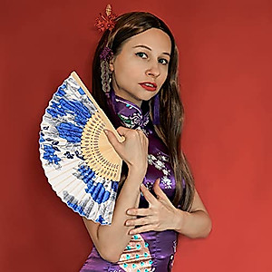 RAZZUM 2 Pcs Floral Folding Hand Fan Chinese Vintage Retro Silk Handheld Fans with Frames for Wedding Dancing Church Party Gifts As Shown Fan