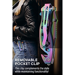 Rainbow Pocket Knife - Legal Knife with Glass Breaker Seatbelt Cutter - 2.68 Inch Serrated Blade - Cute Womens Knives - Cool Small Folding Knife for Self Defense - Birthday Gifts for Women - 6655 R