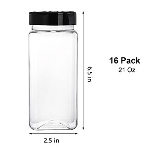 Hacaroa 16 Pack 21 Oz Plastic Spice Jars with Shaker/Pourer Lids, Square Empty Seasoning Containers Clear Spice Bottles for Dry Food, Condiments, Herbs, Powders