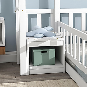 Twin Size Floor Bed with Bedside Stand,Kids Montessori Floor Bed with House-Shaped Headboard,Twin House Bed Frame for Kids,Girls,Boys,White