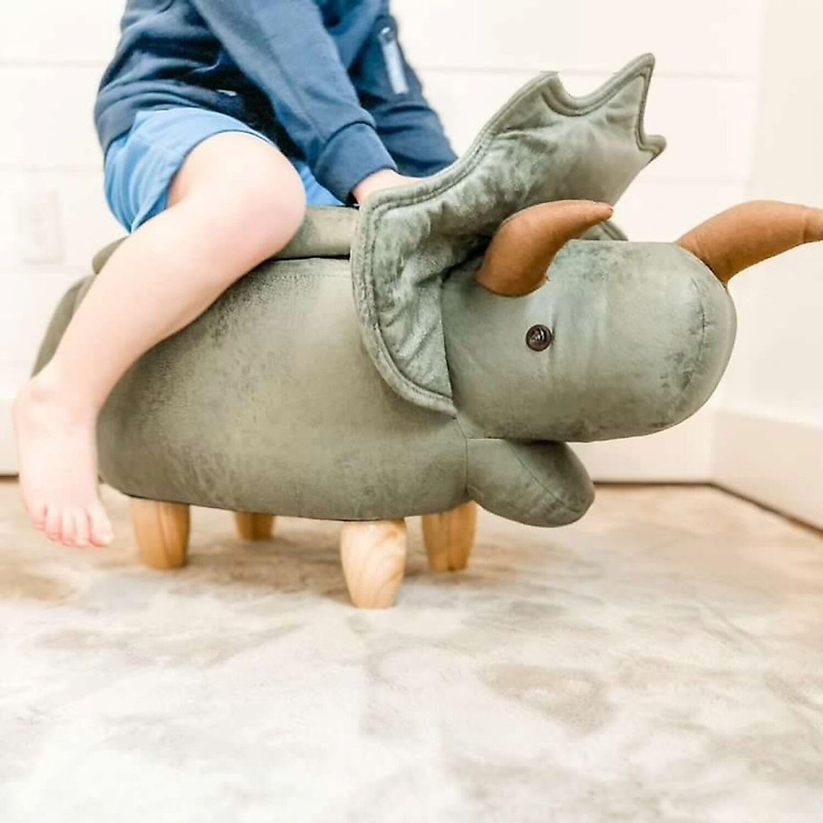 CRITTER SITTERS 15-in. Seat Height Green Triceratops Dinosaur Animal Shape Storage Ottoman, Kids Furniture for Nursery, Bedroom, Playroom, and Living Room Decor, Multifunctional Cushioned Step Stool