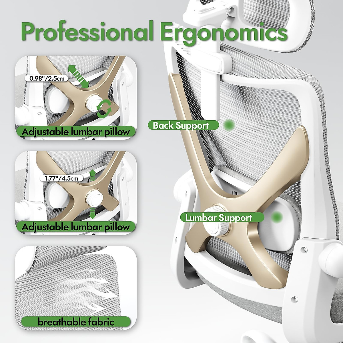 Ergalithic Ergonomic Office Chair - X-Shaped Computer Desk Chair Comfy, Gaming Chair, Office Chair with Lumbar Support, Mesh Office Chairs with Headrests, Desk Chair for Long Hours (Grey Gold)