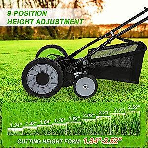 16-Inch 5-Blade Cordless Manual Reel Lawn Mower, Adjustable Cutting/Handle Height Grass Cutter with Grass Catcher, Green