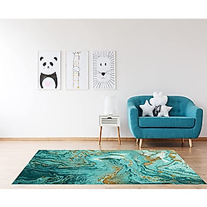 LOKMU Non-Slip Area Rugs Gold and Turquoise Mixed Paint Home Decor Rugs Carpet for Classroom Living Room Bedroom Dining Kindergarten Room 5'x7'