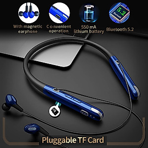Neckband Bluetooth Headphones Wireless Earbuds 50H Continuous Working Time IPX5 Lightweight Foldable Sports Earphones with Built-in Mic HD Call Noise Cancelling for Trucker Workout (Blue), AK01-03