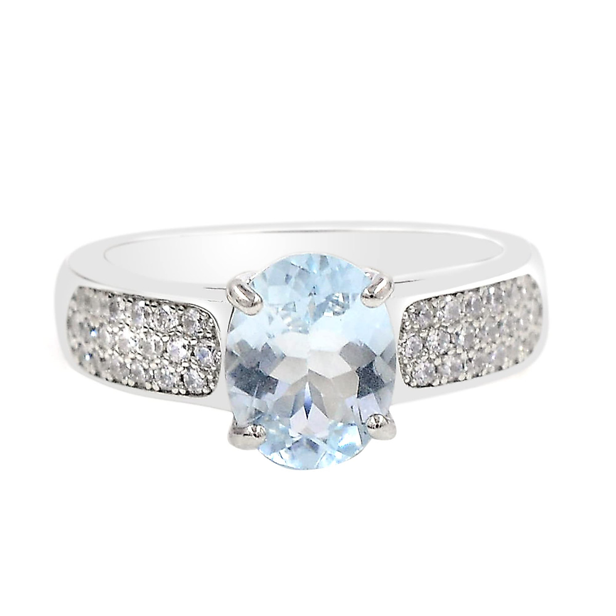 9X7 MM Natural Deep Color Aquamarine Gemstone 925 Sterling Silver March Birthstone Solitaire Unisex Promise Ring For Engagement (Rhodium Plated Silver, 6.5)