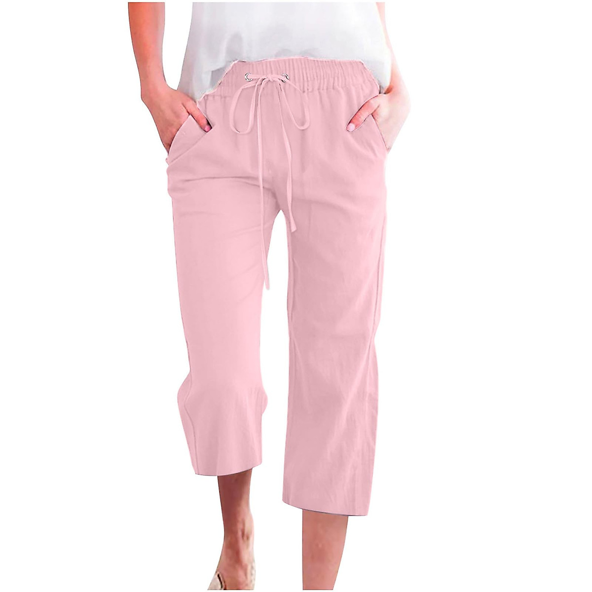 Pants Women Women's Summer Beach Pants Drawstring Elastic Waist Solid Trousers Slacks Cotton Linen Capri Pants Plus Size Relaxed Fit Pink XL