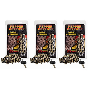 Pepper Defense 1/2 oz. Pepper Spray with Grip Holster and Keychain Attachment - Safety Twist Lock Glow Trigger - Maximum Strength 10% OC Formula - Self Defense Personal Protection (Leopard 3-Pack)