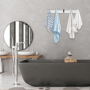 Coat Hooks Wall Mounted Coat Rack, 16.7'' Long, Entryway Hanging Coat Rack, White Wood Coat Rack with 5 Black Literary Rustic Hooks, Wooden Decorative Hooks Rail for Coat, Scarf, Bag, Towel, Hat