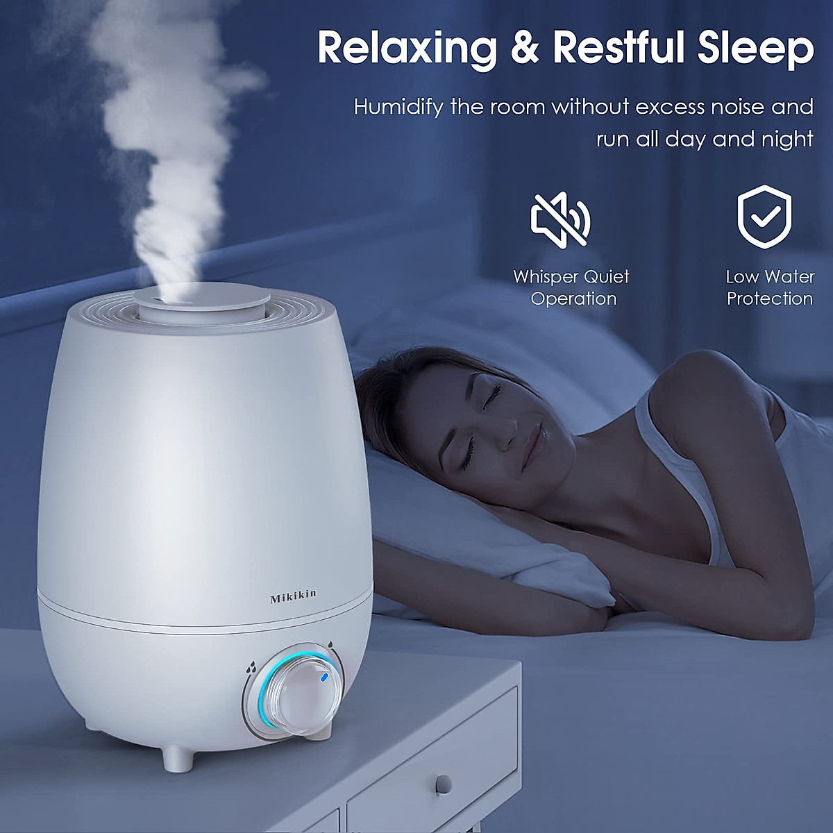 Mikikin Cool Mist Humidifiers, Ultrasonic Air Humidifier for Bedroom, Baby, Nursery, Home, Quiet, 3L Top Fill Humidifier with 360° Rotatable Nozzle, Essential Oils Tray, Auto Shut-Off, Easy to Clean