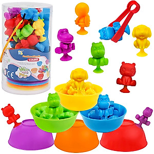 USATDD Counting Animal Suction Toys Color Sorting Toys with Bowls Suction Cup Bath Toys Matching Games Preschool Math Learning Educational Montessori Sensory Toy Gift for Toddlers Kids Ages 3+