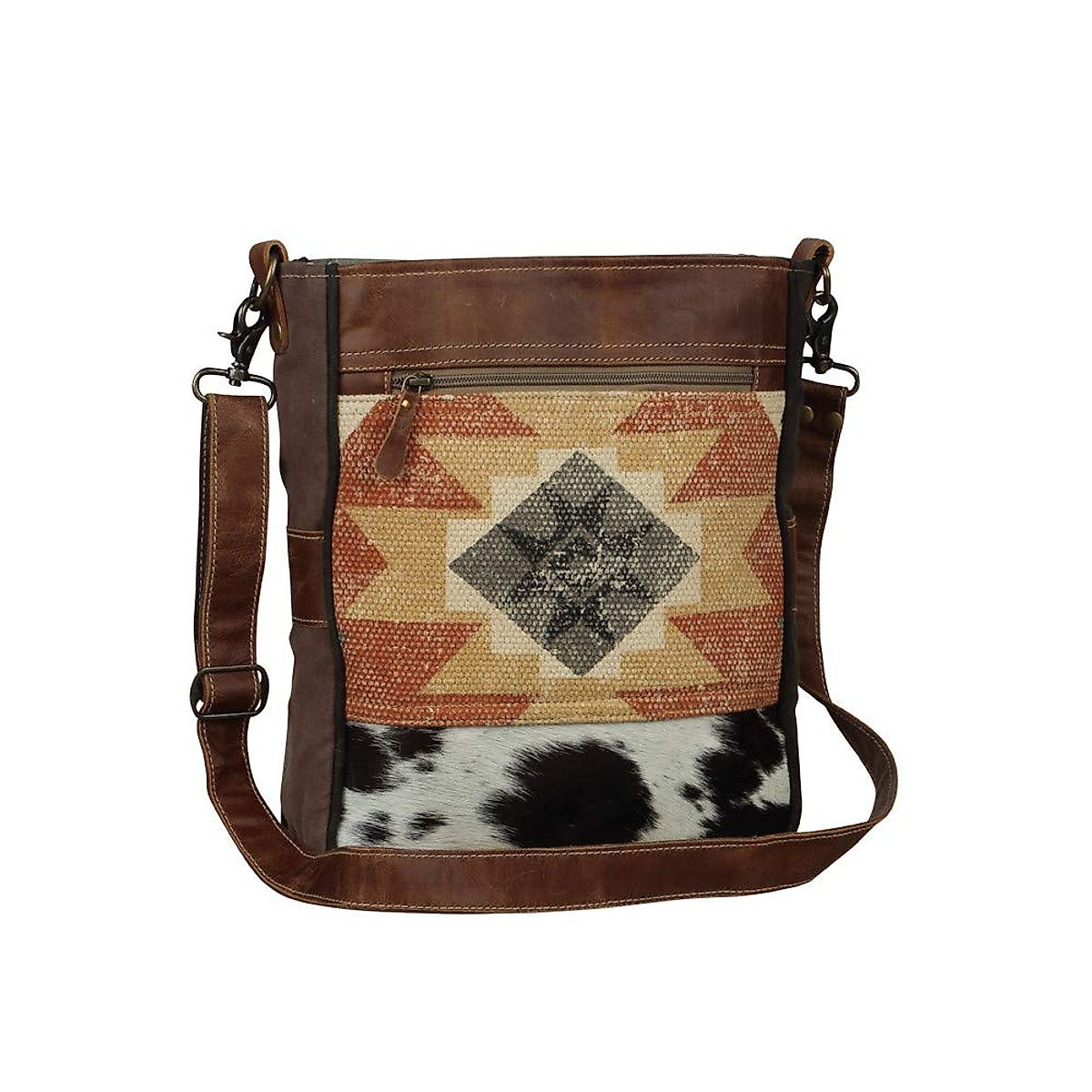 womens ENCHANTING SHOULDER BAG - AZTEC PRINT CANVAS and FUR-ON HIDE