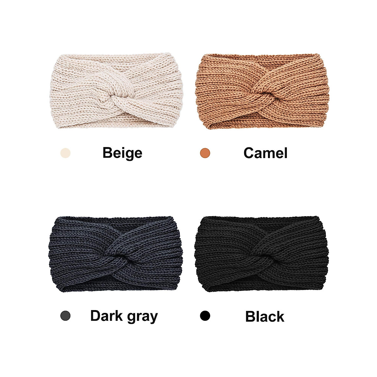 TecUnite 4 Pieces Chunky Knit Headbands Braided Winter Headbands Ear Warmers Crochet Head Wraps for Women(Black, Dark Grey, Camel, Beige)