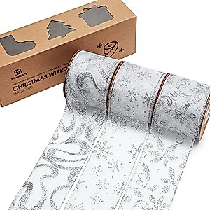 Vitalizart Christmas Ribbon Sliver Wired Organza Sheer Ribbon 2.5 Inch x 10 Yards Glitter Snowflake for Tree Decoration Gift Wrapping Crafts Wreath Topper Bow Wedding Invitations Bridal Bouquets