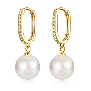 Awinesn Pearl Earrings for Women 14K Gold Plated Pearl Dangle Earrings Dainty 5A Cubic Zirconia Pearl Drop Earring With 925 Sterling Silver Post Jewelry for Bridal Bridesmaid
