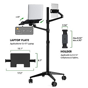 viozon Tablet and Laptop Floor Stand, 2-in-1 Rolling Adjustable Dual arm, Compatible with 4.5~13'' Phone and Tablet Compatible with iPhone, iPad Pro, iPad, Extra Tray Fits 12 to 17'' Laptop/Notebook(B